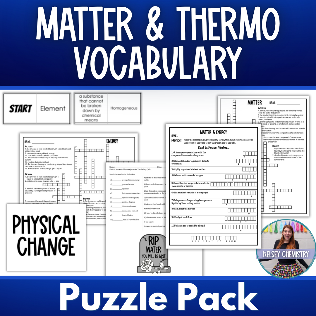 Matter and Energy Chemistry Vocabulary Activities Crossword, Puzzle, Q ...