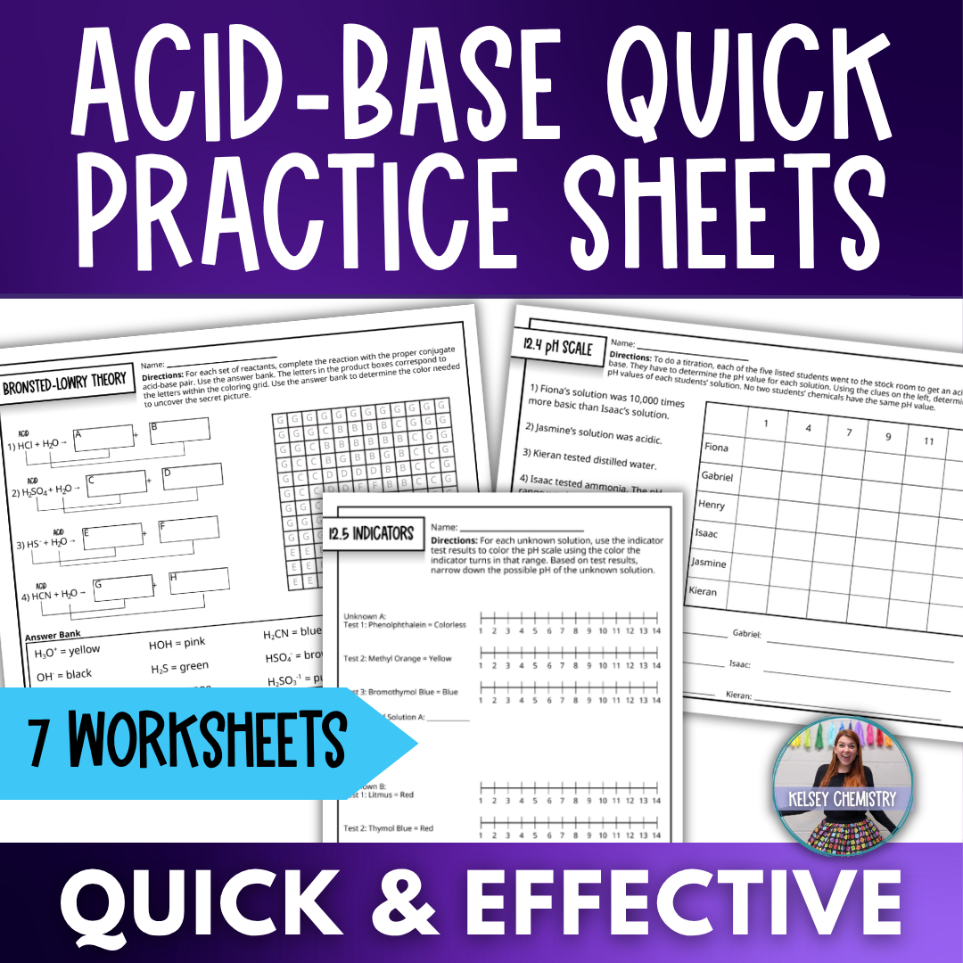 Acids and Bases Quick Practice Worksheets, Homework, Classwork – Kelsey ...